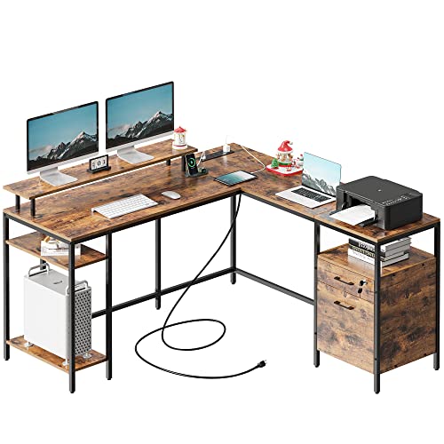 SUPERJARE Reversible Computer Desk with Power Outlets & File Cabinet, L Shaped Desk with Monitor Stand & Storage Shelves, Corner Desk Home Office Desk, Rustic Brown