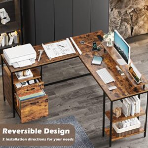 SUPERJARE Reversible Computer Desk with Power Outlets & File Cabinet, L Shaped Desk with Monitor Stand & Storage Shelves, Corner Desk Home Office Desk, Rustic Brown