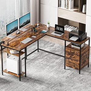 SUPERJARE Reversible Computer Desk with Power Outlets & File Cabinet, L Shaped Desk with Monitor Stand & Storage Shelves, Corner Desk Home Office Desk, Rustic Brown