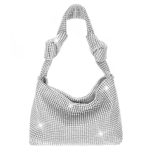 Yokawe Rhinestone Purses for Women Evening Bag Sparkly Mini Hobo Bag Vacation Party Club Wedding Handbag (Silver)