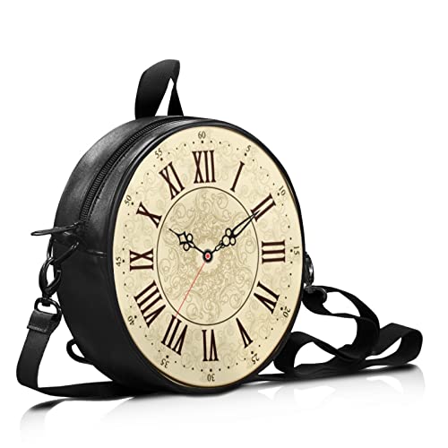 SCRAWLGOD Clock Watch Antique Print Round Satchel Bag for Womens Girls PU Leather Shoulder Handbags Small Purse Tote