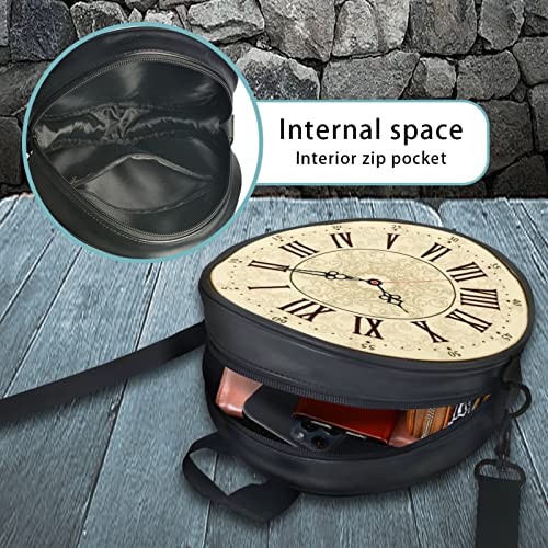 SCRAWLGOD Clock Watch Antique Print Round Satchel Bag for Womens Girls PU Leather Shoulder Handbags Small Purse Tote