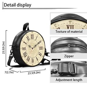 SCRAWLGOD Clock Watch Antique Print Round Satchel Bag for Womens Girls PU Leather Shoulder Handbags Small Purse Tote