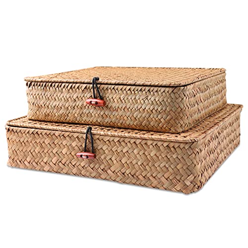 FEILANDUO Shelf Baskets with Lids Wicker Storage Baskets for Shelves Organizing Natural Seagrass Rattan Woven Organizer Boxes Boho Home Decor Set of 2 (Natural)