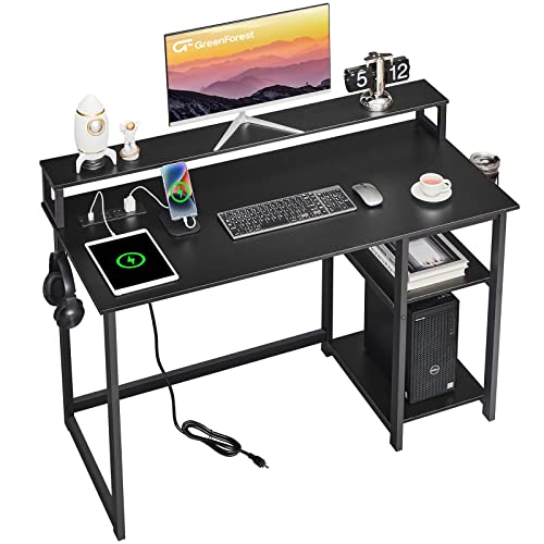 GreenForest Computer Desk with USB Charging Port and Power Outlet, Home Office Desk with Monitor Stand and Reversible Storage Shelves for Small Space, 47 inch Work Desk with Cup Holder and Hook, Black