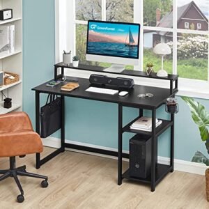 GreenForest Computer Desk with USB Charging Port and Power Outlet, Home Office Desk with Monitor Stand and Reversible Storage Shelves for Small Space, 47 inch Work Desk with Cup Holder and Hook, Black