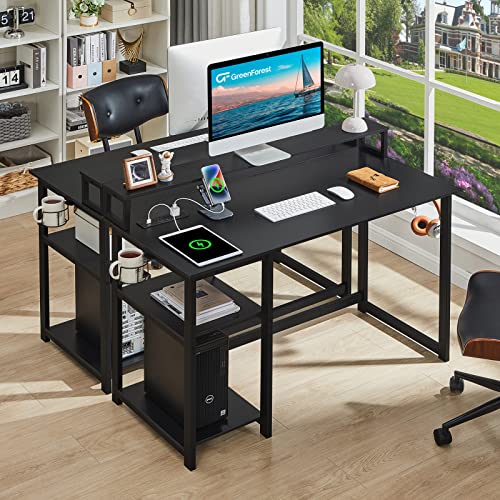 GreenForest Computer Desk with USB Charging Port and Power Outlet, Home Office Desk with Monitor Stand and Reversible Storage Shelves for Small Space, 47 inch Work Desk with Cup Holder and Hook, Black