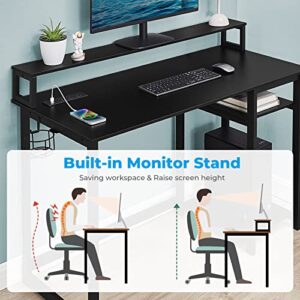 GreenForest Computer Desk with USB Charging Port and Power Outlet, Home Office Desk with Monitor Stand and Reversible Storage Shelves for Small Space, 47 inch Work Desk with Cup Holder and Hook, Black