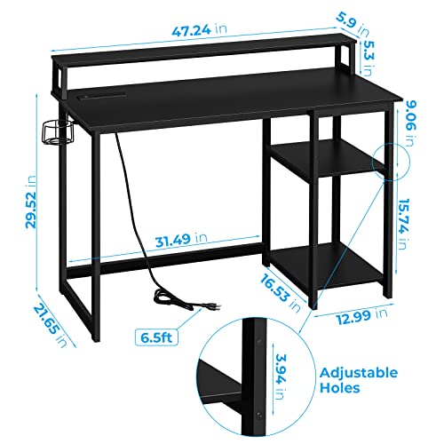 GreenForest Computer Desk with USB Charging Port and Power Outlet, Home Office Desk with Monitor Stand and Reversible Storage Shelves for Small Space, 47 inch Work Desk with Cup Holder and Hook, Black