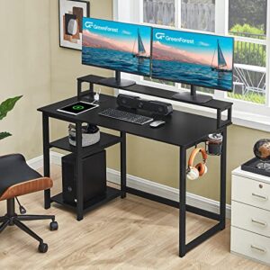 GreenForest Computer Desk with USB Charging Port and Power Outlet, Home Office Desk with Monitor Stand and Reversible Storage Shelves for Small Space, 47 inch Work Desk with Cup Holder and Hook, Black