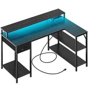 superjare l shaped gaming desk with led lights & power outlets, reversible computer desk with shelves & drawer, corner desk home office desk, black