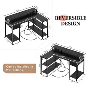 SUPERJARE L Shaped Gaming Desk with LED Lights & Power Outlets, Reversible Computer Desk with Shelves & Drawer, Corner Desk Home Office Desk, Black