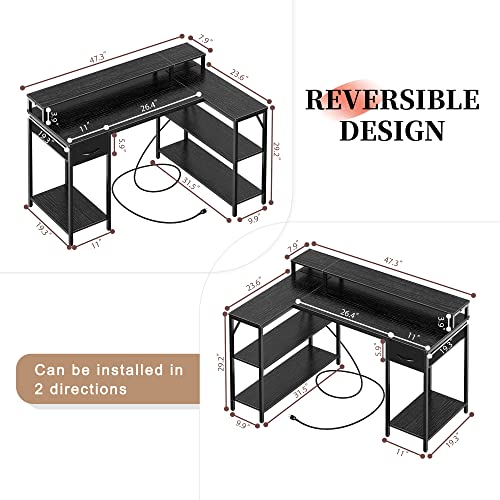 SUPERJARE L Shaped Gaming Desk with LED Lights & Power Outlets, Reversible Computer Desk with Shelves & Drawer, Corner Desk Home Office Desk, Black