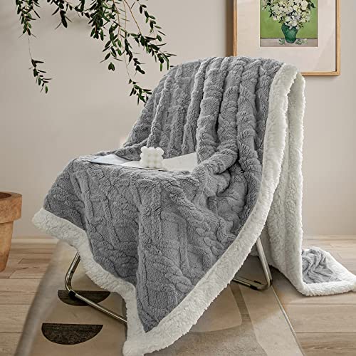 Plush Thick Sherpa Throw Blanket Grey - Soft Warm Breathable Fleece Velvet Blanket with 3D Stylish Cable Pattern for Bed Sofa Recliner Chair - Fluffy Throw Size 60"×80"