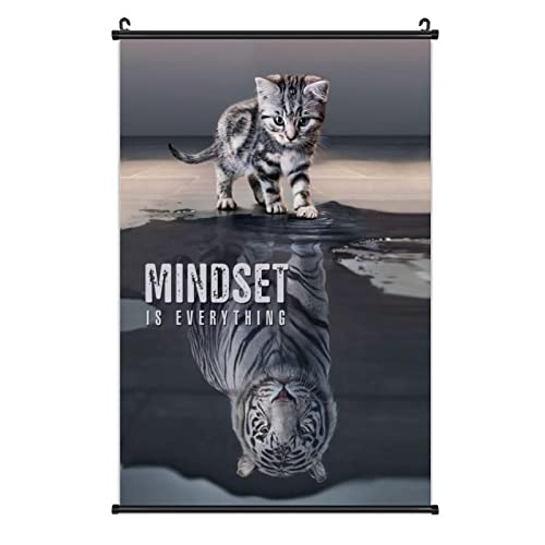 Inspirational Quote Poster Wall Scroll Mindset is Everything Cat and Tiger Hanging Artwork Motivational Painting Art Canvas Print for Home Living Room Bedroom Office Classroom Decor 16" X 24"