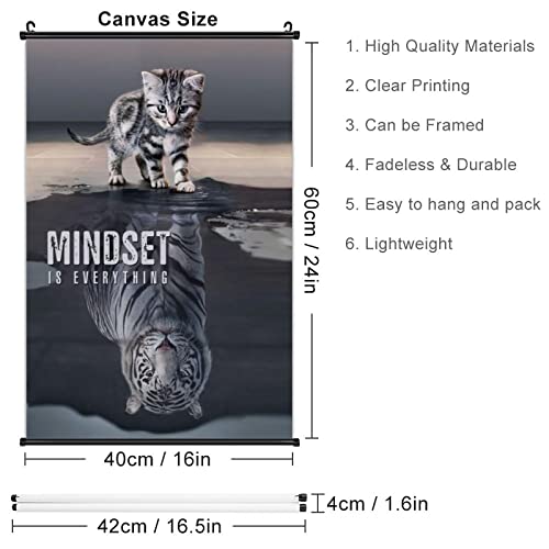 Inspirational Quote Poster Wall Scroll Mindset is Everything Cat and Tiger Hanging Artwork Motivational Painting Art Canvas Print for Home Living Room Bedroom Office Classroom Decor 16" X 24"