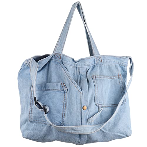 Denim Shoulder Bag Casual Style Lightweight Retro Travel Shopper tote bag for Teen Girls Women (Light Blue)