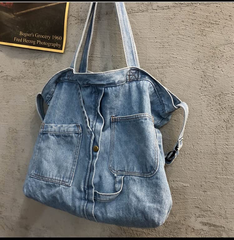 Denim Shoulder Bag Casual Style Lightweight Retro Travel Shopper tote bag for Teen Girls Women (Light Blue)