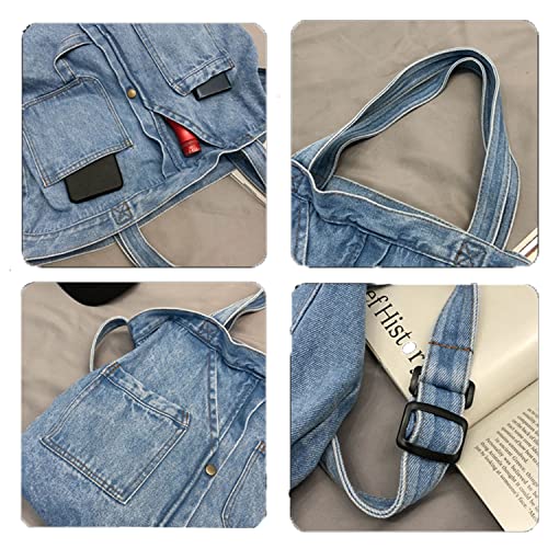 Denim Shoulder Bag Casual Style Lightweight Retro Travel Shopper tote bag for Teen Girls Women (Light Blue)