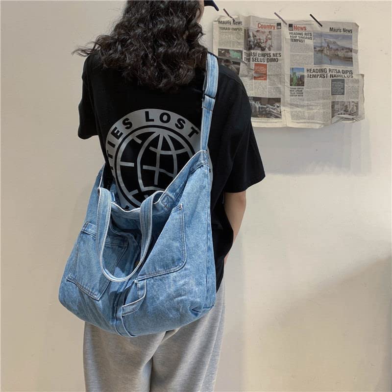 Denim Shoulder Bag Casual Style Lightweight Retro Travel Shopper tote bag for Teen Girls Women (Light Blue)