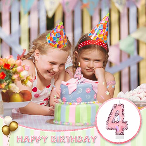 2.75" Large Pink Glitter 4th Year Happy Birthday Candles Girls Number Candles for Birthday Cakes Sequin Numeral Princess Candles Number Birthday Cake Topper with 10 Long Thin Cupcake Candle for Party