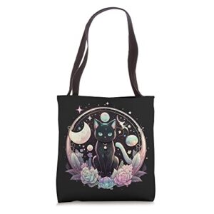 moon phases crystal witchy cute black cat kawaii pastel goth tote bag