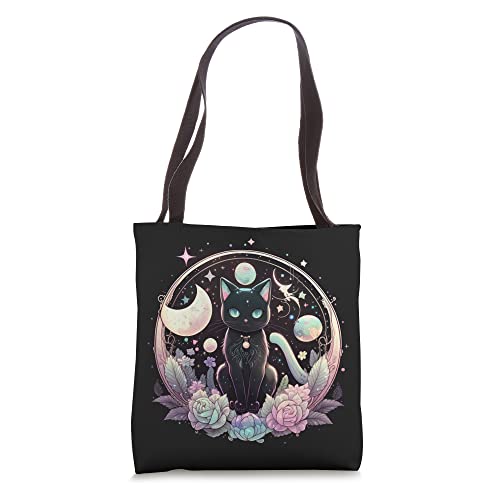 Moon Phases Crystal Witchy Cute Black Cat Kawaii Pastel Goth Tote Bag