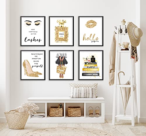 Gorgeous Fashion Wall Art Fashion Wall Decor Gold Bedroom Decor Girls Room Decor Bathroom Wall Decor Art Poster Perfume High Heels Poster Print Fashion Women Wall Decor (8x10 in Unframed, Black Gold)