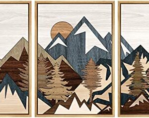 SIGNWIN Framed Canvas Print Wall Art Set Country Woodcut Style Mountain Forest Nature Wilderness Illustrations Modern Art Decorative Farmhouse Zen for Living Room, Bedroom, Office - 16"x24"x3 Natural