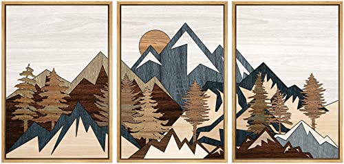 SIGNWIN Framed Canvas Print Wall Art Set Country Woodcut Style Mountain Forest Nature Wilderness Illustrations Modern Art Decorative Farmhouse Zen for Living Room, Bedroom, Office - 16"x24"x3 Natural