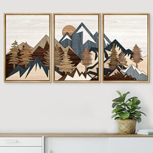 SIGNWIN Framed Canvas Print Wall Art Set Country Woodcut Style Mountain Forest Nature Wilderness Illustrations Modern Art Decorative Farmhouse Zen for Living Room, Bedroom, Office - 16"x24"x3 Natural