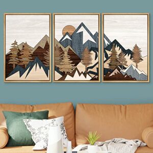 SIGNWIN Framed Canvas Print Wall Art Set Country Woodcut Style Mountain Forest Nature Wilderness Illustrations Modern Art Decorative Farmhouse Zen for Living Room, Bedroom, Office - 16"x24"x3 Natural