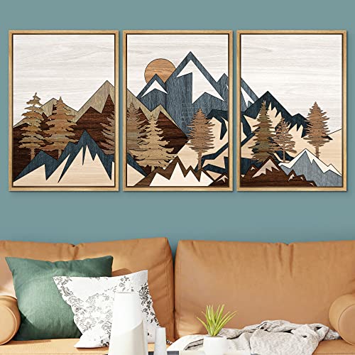 SIGNWIN Framed Canvas Print Wall Art Set Country Woodcut Style Mountain Forest Nature Wilderness Illustrations Modern Art Decorative Farmhouse Zen for Living Room, Bedroom, Office - 16"x24"x3 Natural