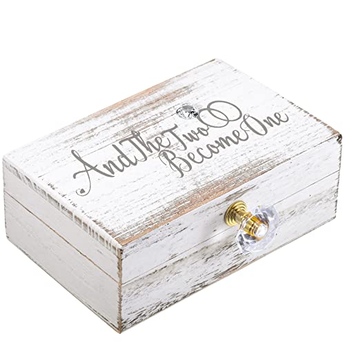 Wedding Ring Box Ring Bearer Box And Then Two Become One Mr. and Mrs. Diamond Wooden Wedding Ring Box Holder for Wedding Decor Elegant Wedding Gift Box, 5W x 6D x 2H (White)