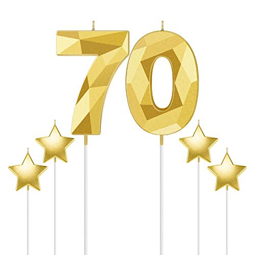 70th Birthday Candles, 3D Diamond Shaped Birthday Candles and Star Candles, Number 70 Candles Happy Birthday Cake Topper, Numeral Candles for Birthday Wedding Decoration Themed Party (Golden)