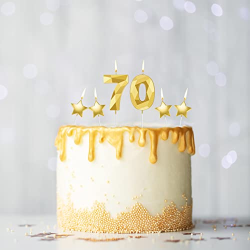 70th Birthday Candles, 3D Diamond Shaped Birthday Candles and Star Candles, Number 70 Candles Happy Birthday Cake Topper, Numeral Candles for Birthday Wedding Decoration Themed Party (Golden)