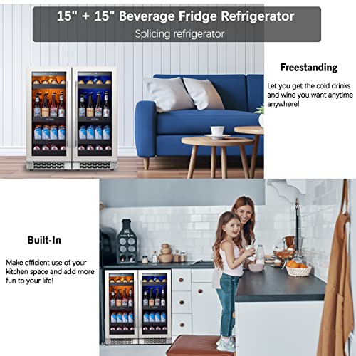 Ca'Lefort Beverage Refrigerator,15" Beverage Fridge and 15" Beverage Cooler Side-by-Side for Chilled Beer Soda or Wine, Built-In for Kitchen Office, Holds 200 Cans