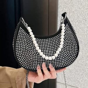 Pearl Purse for Women Sparkle Rhinestone Pearl Bag Evening Handbag Crossbody Bags Bling Shoulder Bags Tote Bag (Silver)