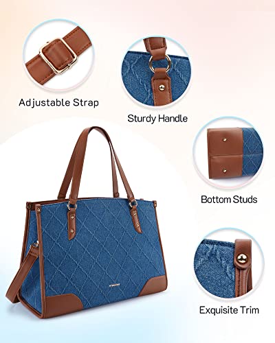 Missnine Tote Bag for Women Denim Teacher Bag Casual Work Bags 15.6 inch Shoulder Bag for Office Business