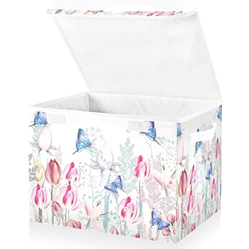 ALAZA Storage Bins with Lids,Pink Tulip Crocus Flowers Blue Butterflies Spring Style Fabric Storage Boxes Baskets Containers Organizers with for Toys,Clothes and Books