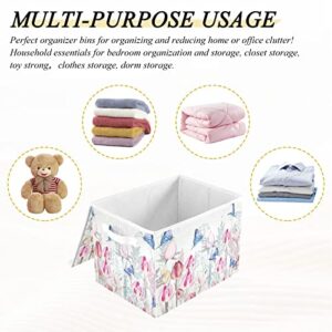 ALAZA Storage Bins with Lids,Pink Tulip Crocus Flowers Blue Butterflies Spring Style Fabric Storage Boxes Baskets Containers Organizers with for Toys,Clothes and Books