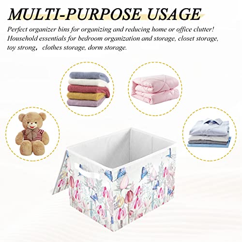 ALAZA Storage Bins with Lids,Pink Tulip Crocus Flowers Blue Butterflies Spring Style Fabric Storage Boxes Baskets Containers Organizers with for Toys,Clothes and Books