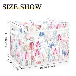 ALAZA Storage Bins with Lids,Pink Tulip Crocus Flowers Blue Butterflies Spring Style Fabric Storage Boxes Baskets Containers Organizers with for Toys,Clothes and Books