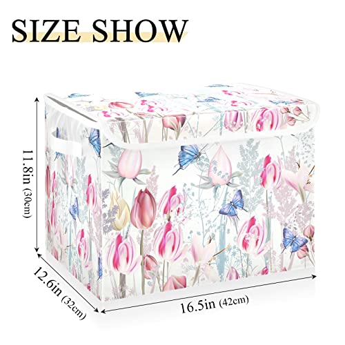 ALAZA Storage Bins with Lids,Pink Tulip Crocus Flowers Blue Butterflies Spring Style Fabric Storage Boxes Baskets Containers Organizers with for Toys,Clothes and Books