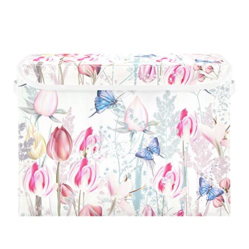 ALAZA Storage Bins with Lids,Pink Tulip Crocus Flowers Blue Butterflies Spring Style Fabric Storage Boxes Baskets Containers Organizers with for Toys,Clothes and Books