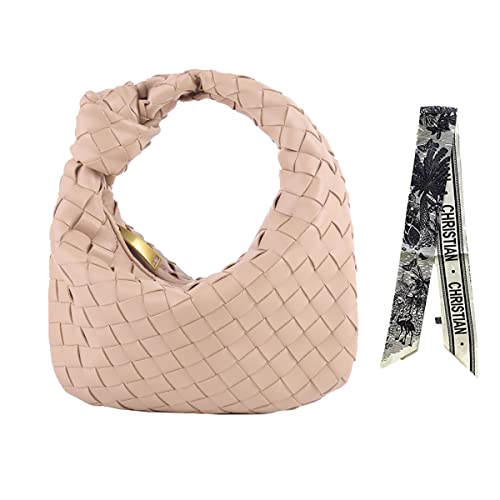 Women Kontted Woven Bag Handbag Hobo Bag Leather Woven Fashion Designer Ladies Clutch Purse Dumpling Shoulder Bag for Women (Khaki)