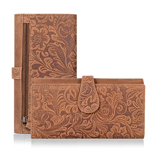 Real Leather Women Wallet Leather with RFID Blocking -Trifold Card Holder Designer Ladies Clutch with ID Window Wallets (Cognac1)