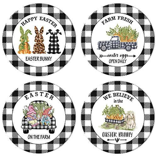 Whaline Easter Coaster 4Pcs Easter Farmhouse Drink Coaster White Black Buffalo Plaids Bunny Rabbit Truck Ceramic Coaster Cup Mat for Mugs Cups Home Kitchen Party Supplies, 4.1 x 0.3 Inch