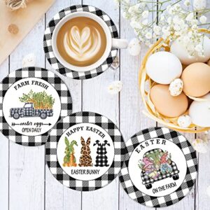 Whaline Easter Coaster 4Pcs Easter Farmhouse Drink Coaster White Black Buffalo Plaids Bunny Rabbit Truck Ceramic Coaster Cup Mat for Mugs Cups Home Kitchen Party Supplies, 4.1 x 0.3 Inch