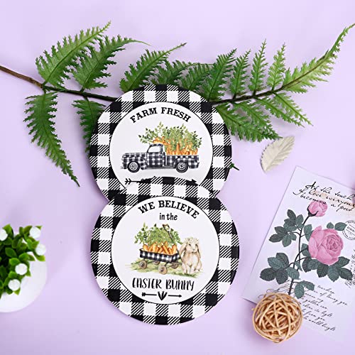 Whaline Easter Coaster 4Pcs Easter Farmhouse Drink Coaster White Black Buffalo Plaids Bunny Rabbit Truck Ceramic Coaster Cup Mat for Mugs Cups Home Kitchen Party Supplies, 4.1 x 0.3 Inch